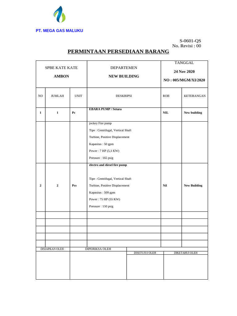 PERMINTAAN BARANG Pompa PMK | PDF