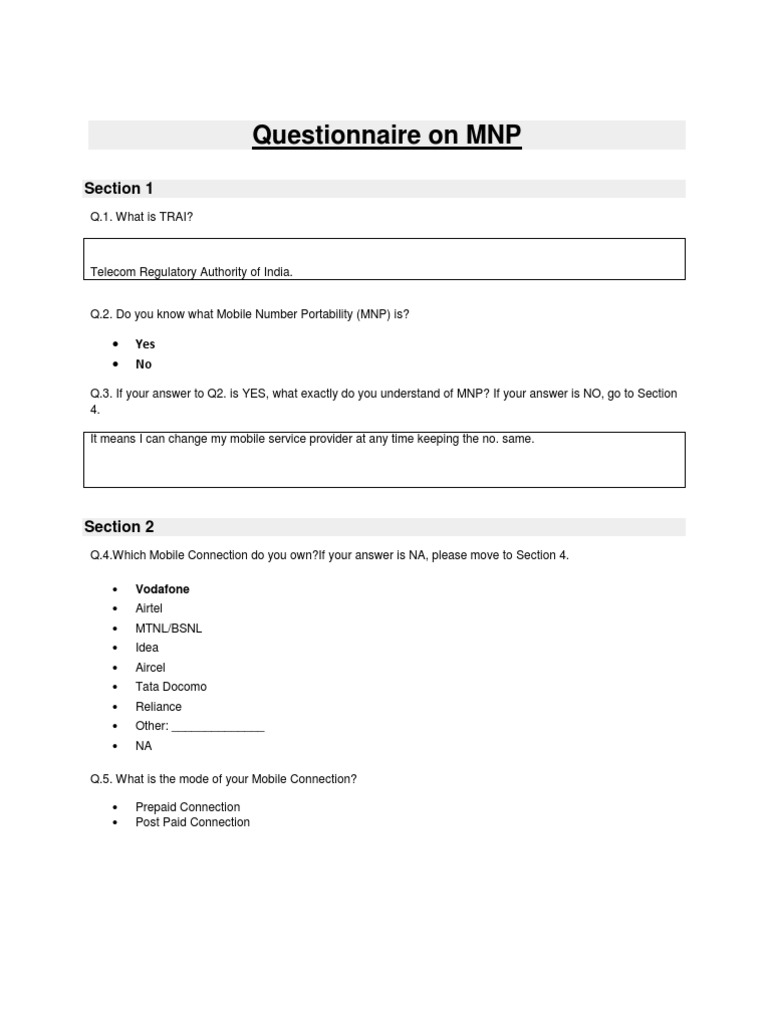 Questionnaire On MNP: Section 1 | PDF