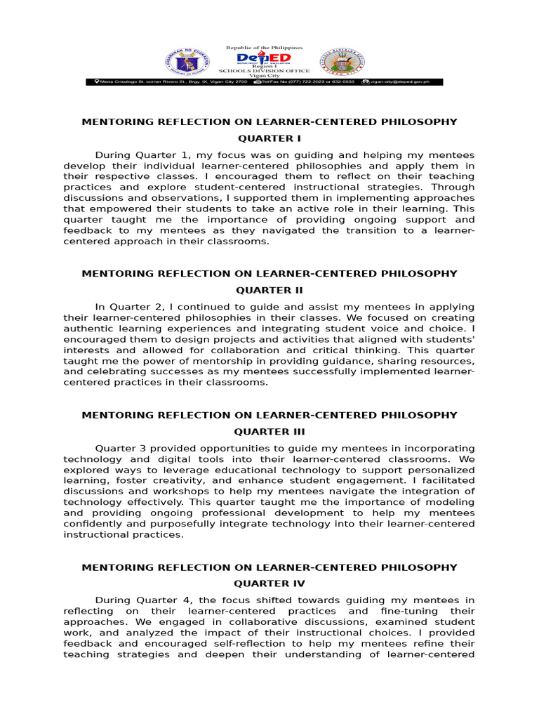 Mentoring Reflection On Learner-Centered Philosophy Mti-Iv Sample | PDF