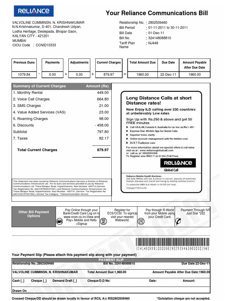Your Reliance Communications Bill: Summary of Current Charges Amount ...