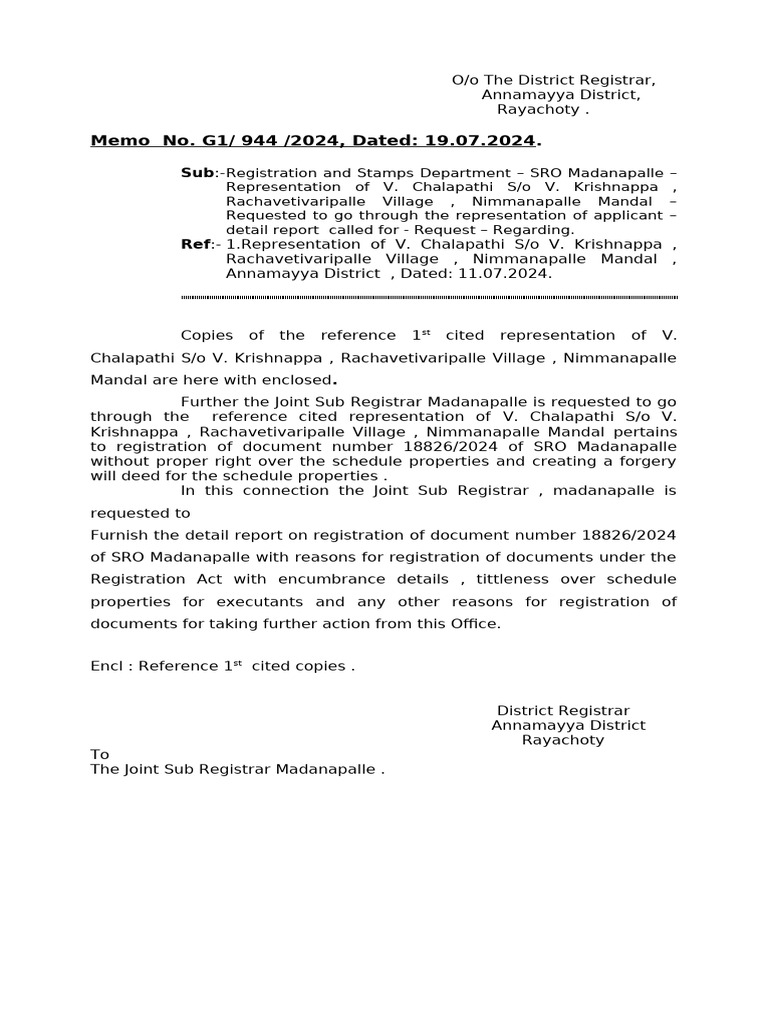 Memo To Sub Registrar, Madanapalle Chalapathi | PDF