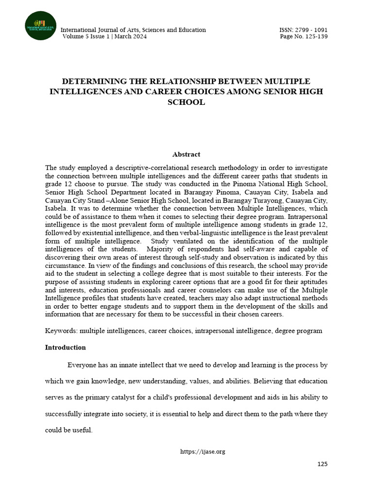 Determining The Relationship Between Multiple Intelligences and Career Choices Among Senior High ...