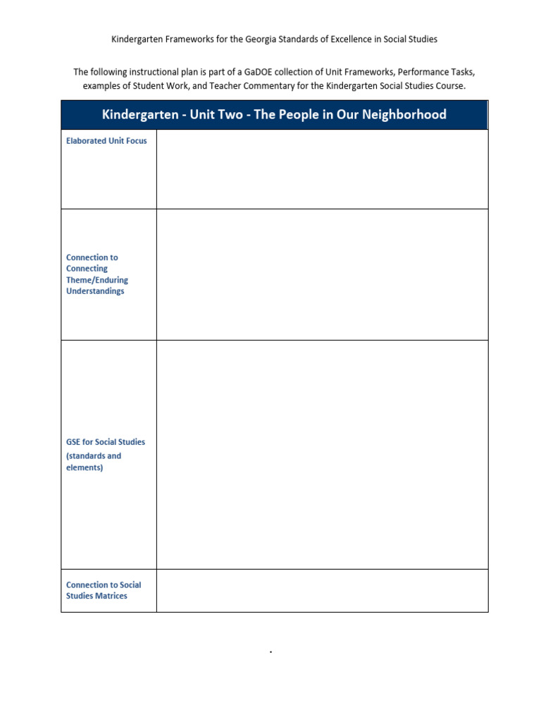 Social Studies Kindergarten Unit 2 Sample Unit | PDF