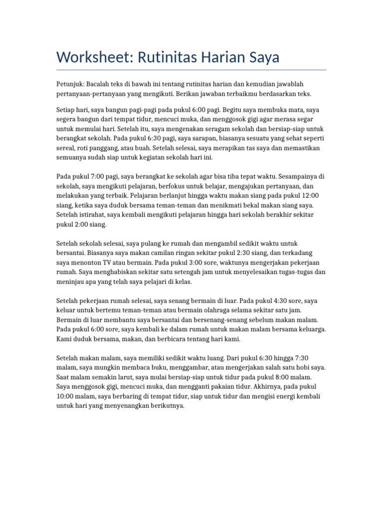 Worksheet Rutinitas Harian Saya | PDF