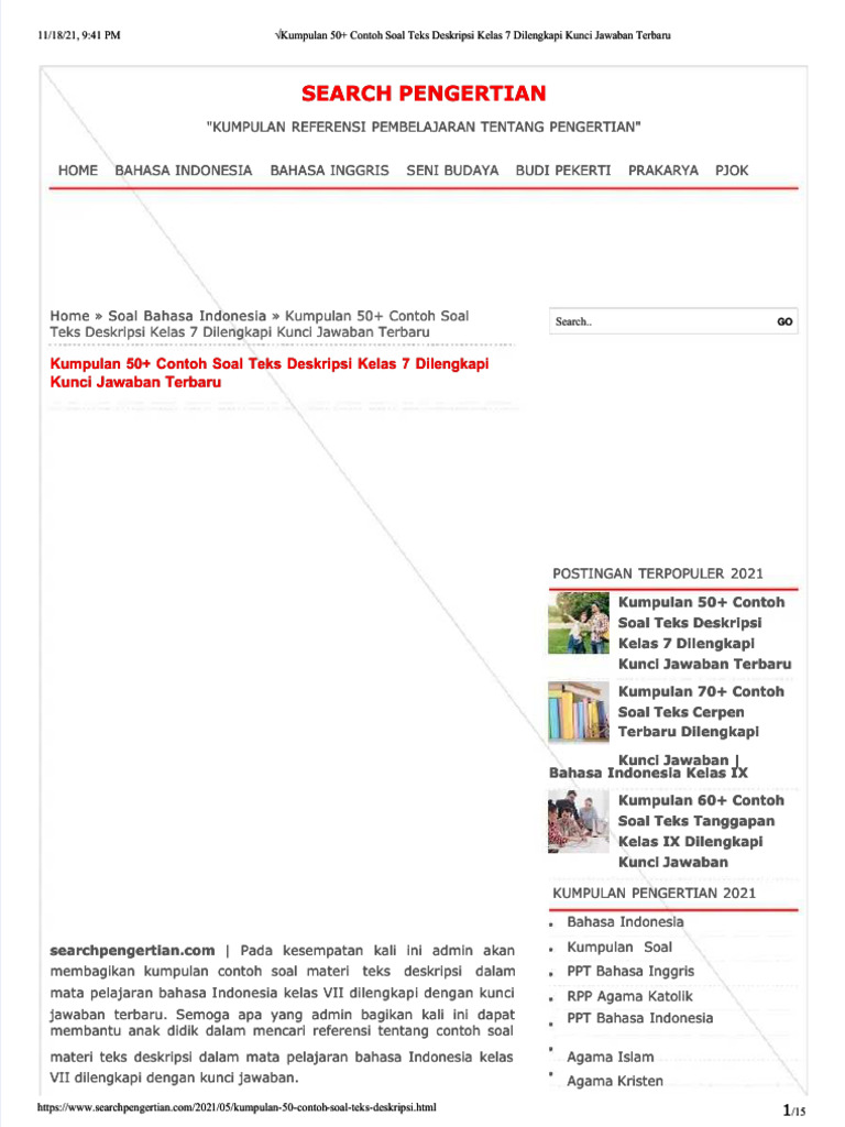 PDF Kumpulan 50 Contoh Soal Teks Deskripsi Kelas 7 Dilengkapi Kunci Jawaban Terbaru Compress | PDF
