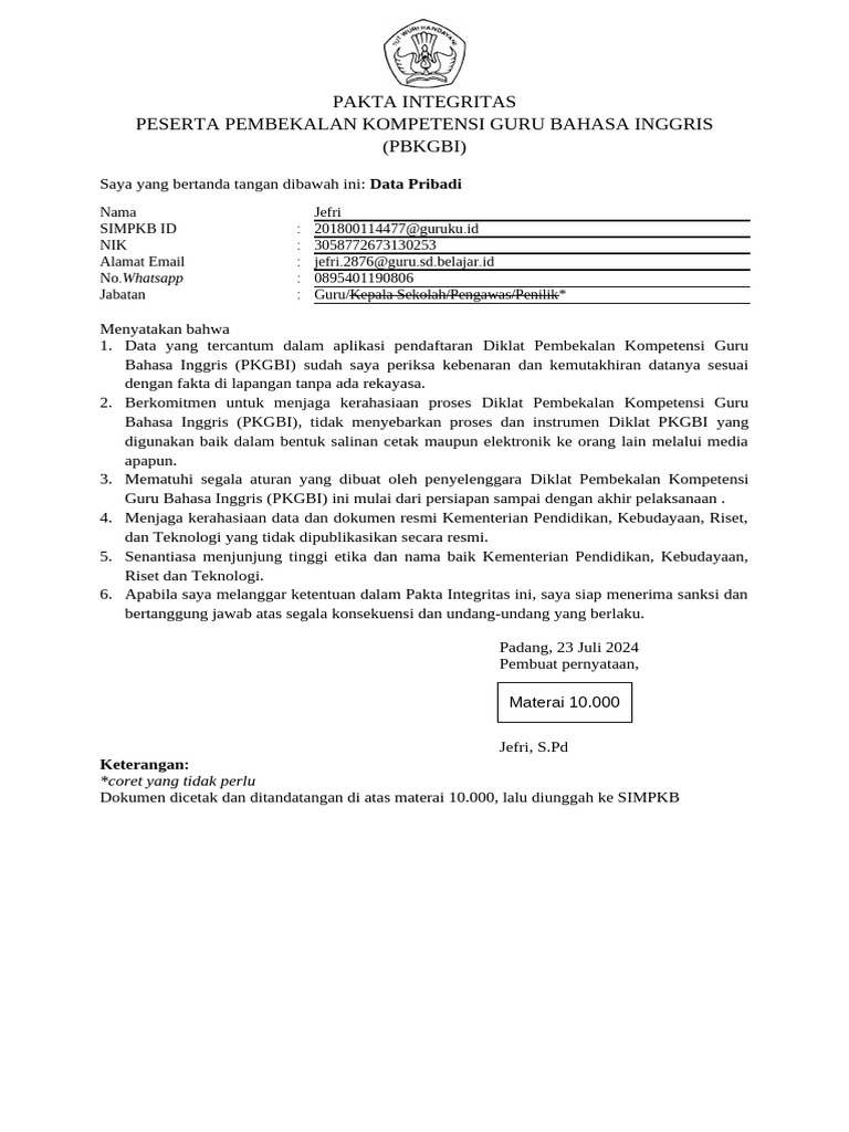 pakta integritas pkgbi | PDF