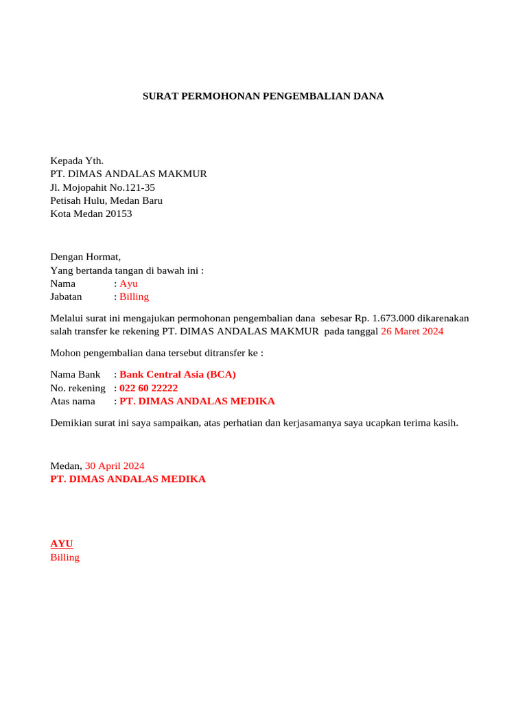 Surat Permohonan Pengembalian Dana | PDF