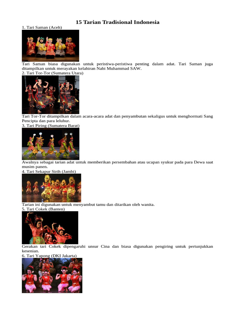 15 Tarian Tradisional Indonesia DAN TARI KREASI MODERN | PDF