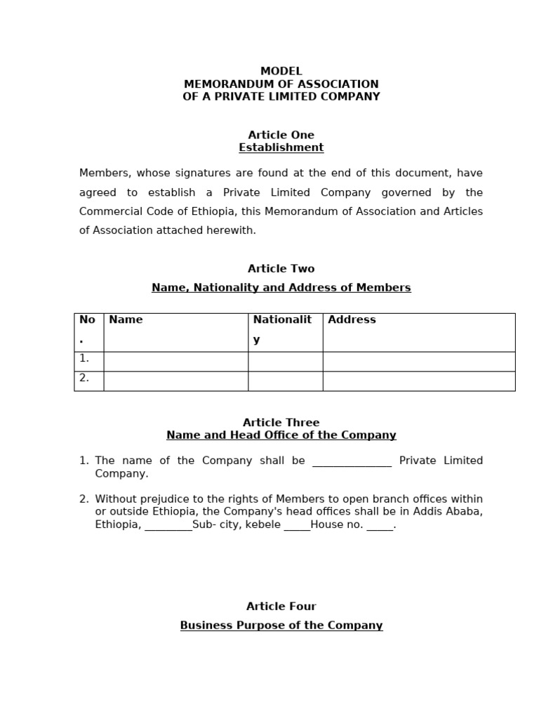 Model Memorandum of Association For PLC | PDF