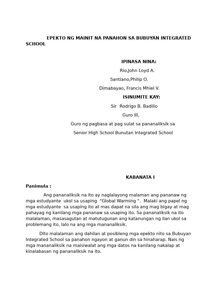 Epekto NG Mainit Na Panahon Sa Bubuyan Integrated School | PDF