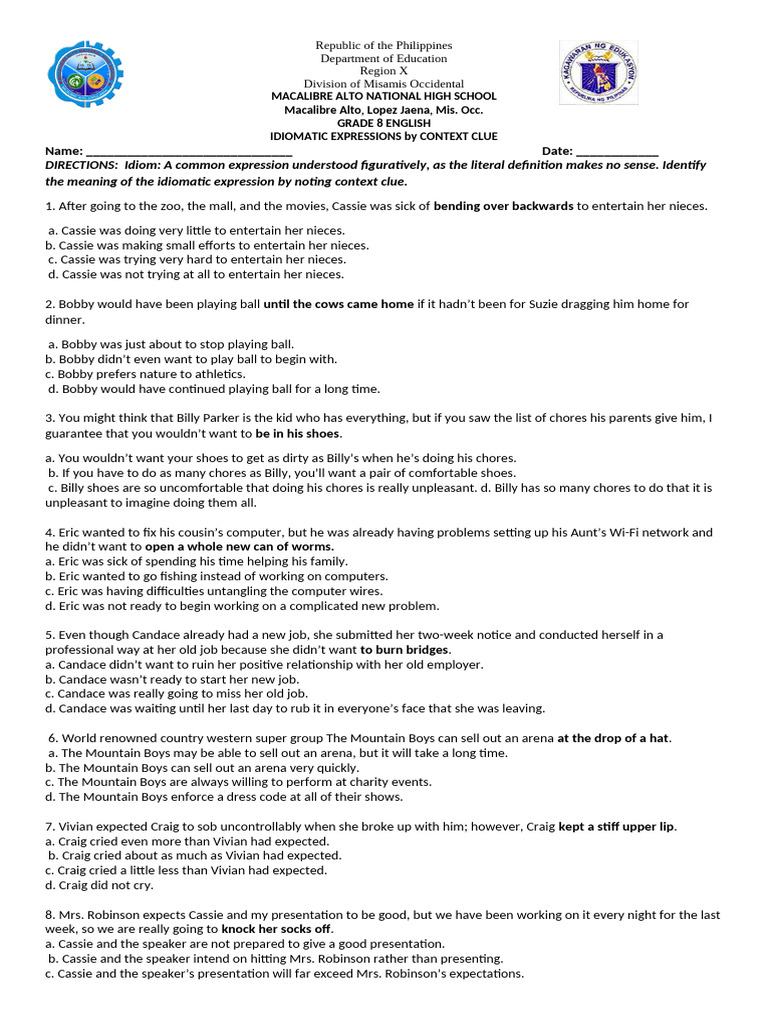 Idiomatic Expression Activity 101 | PDF
