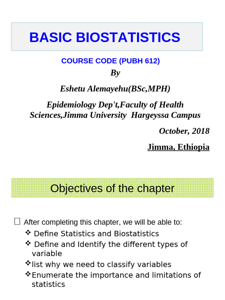 Basic Biostatistics Course Guide | PDF | Level Of Measurement | Self ...