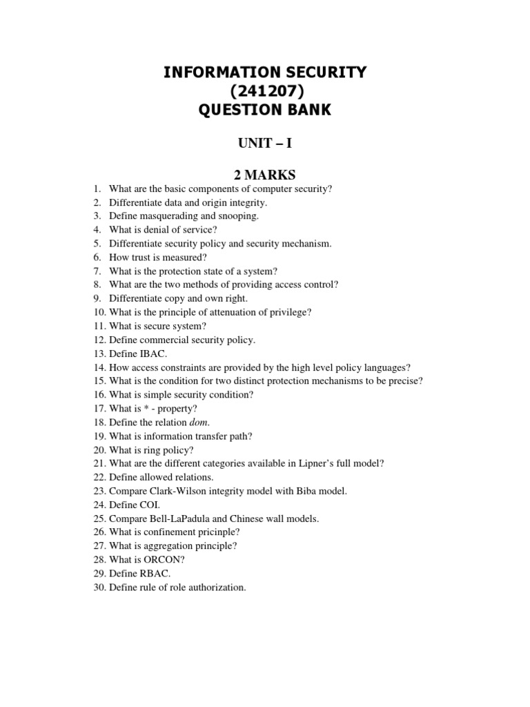 Information Security Question Bank Covering Key Concepts Across Five ...