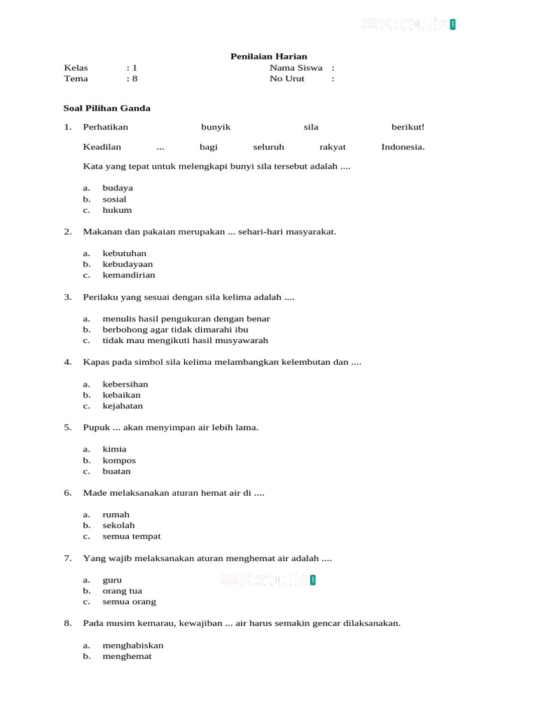 Soal PH Kelas 1 Tema 8 | PDF