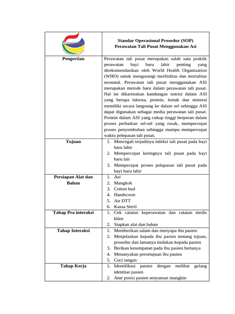 SOP Perawatan Tali Pusat Menggunakan Asi Dan Kassa Kering Steril-1 | PDF