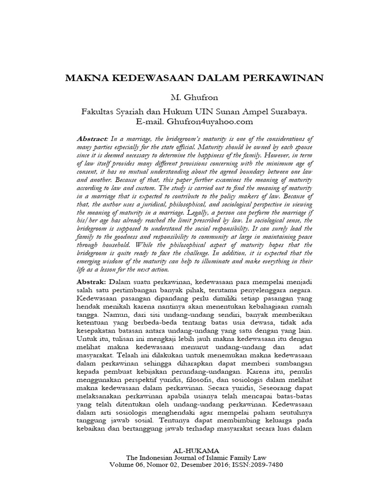 Makna Kedewasaan Dalam Perkawinan: M. Ghufron Fakultas Syariah Dan Hukum UIN Sunan Ampel ...