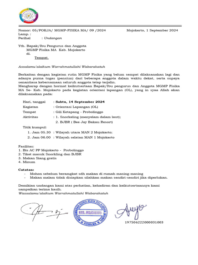 Undangan MGMP Fisika MA Kab. Mojokerto - OL | PDF