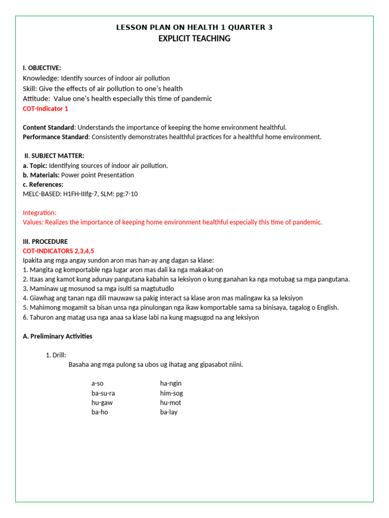 COT HEALTH 1 Q3 LESSON PLAN 2021 | PDF