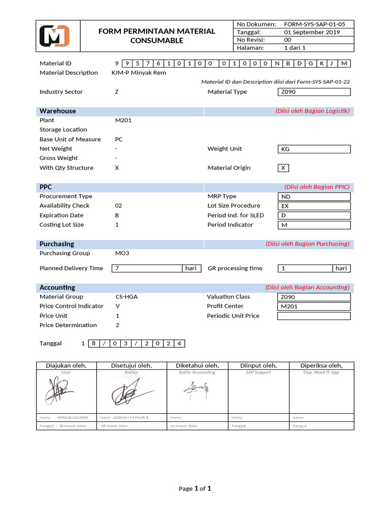 Form-SYS-SAP-01-05 Form Material Z100 Consumable Liqui Diesel Purge | PDF
