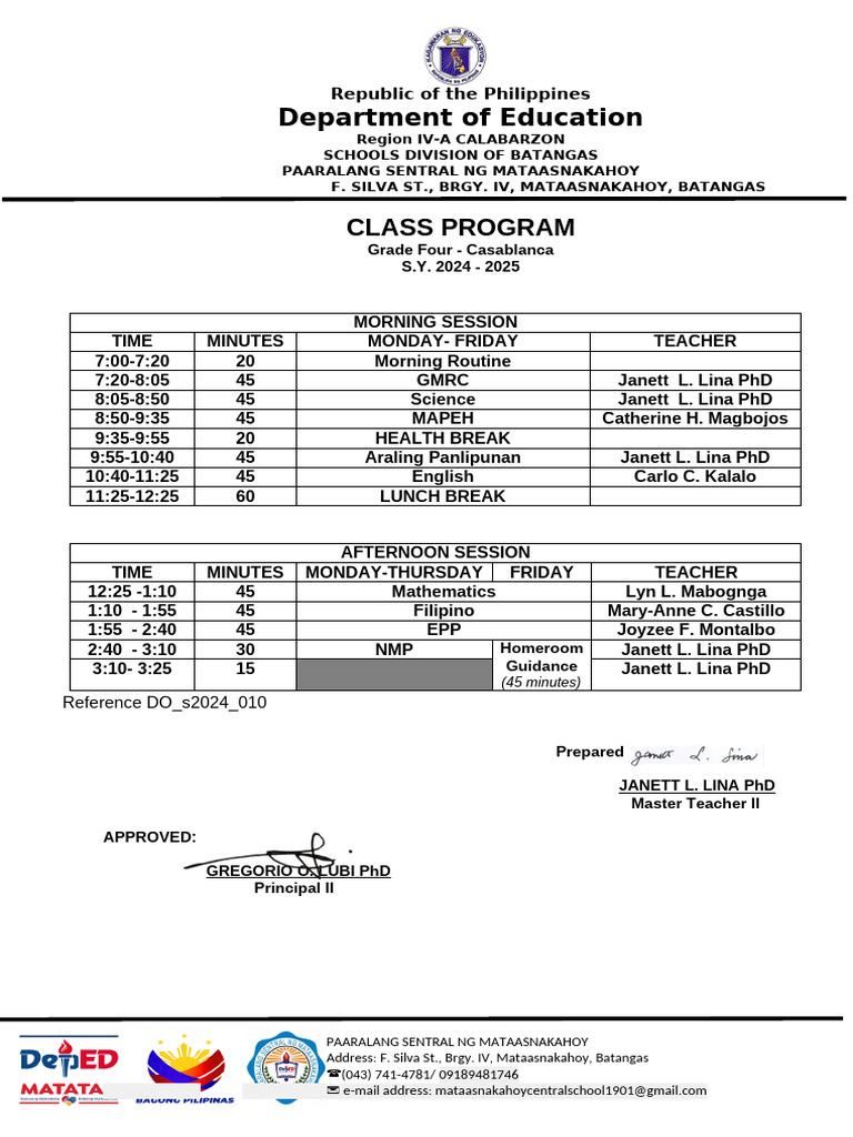 CLASS-PROGRAM-GRADE-FOUR-2024-2025 | PDF
