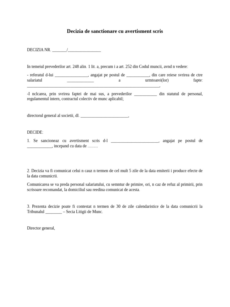 Decizia de Sanctionare Cu Avertisment Scris | PDF