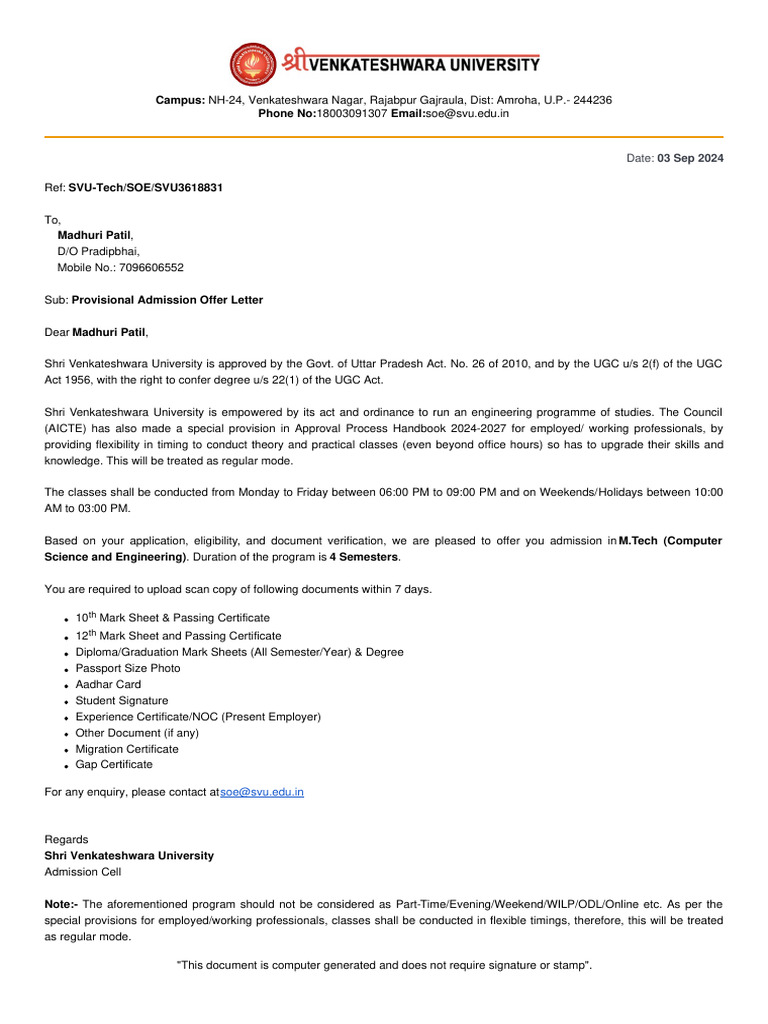 Provisional Letter | PDF