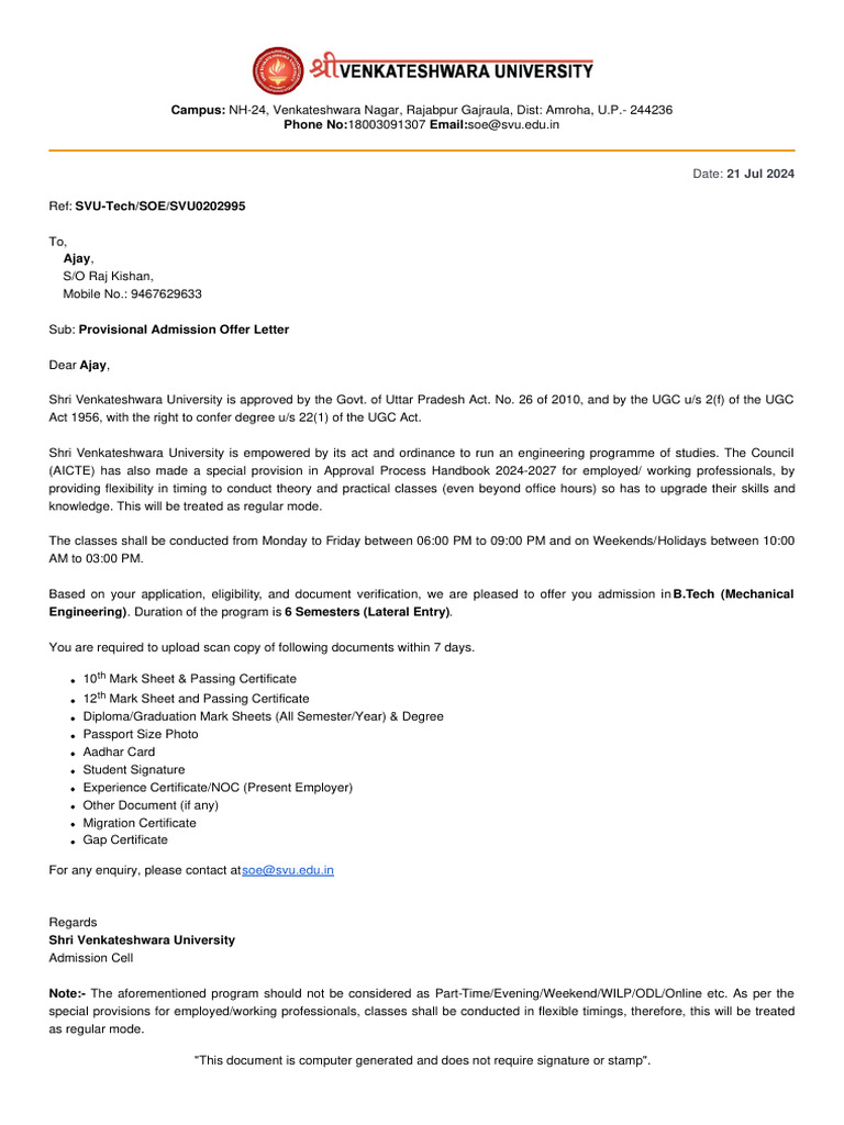 Provisional Letter | PDF