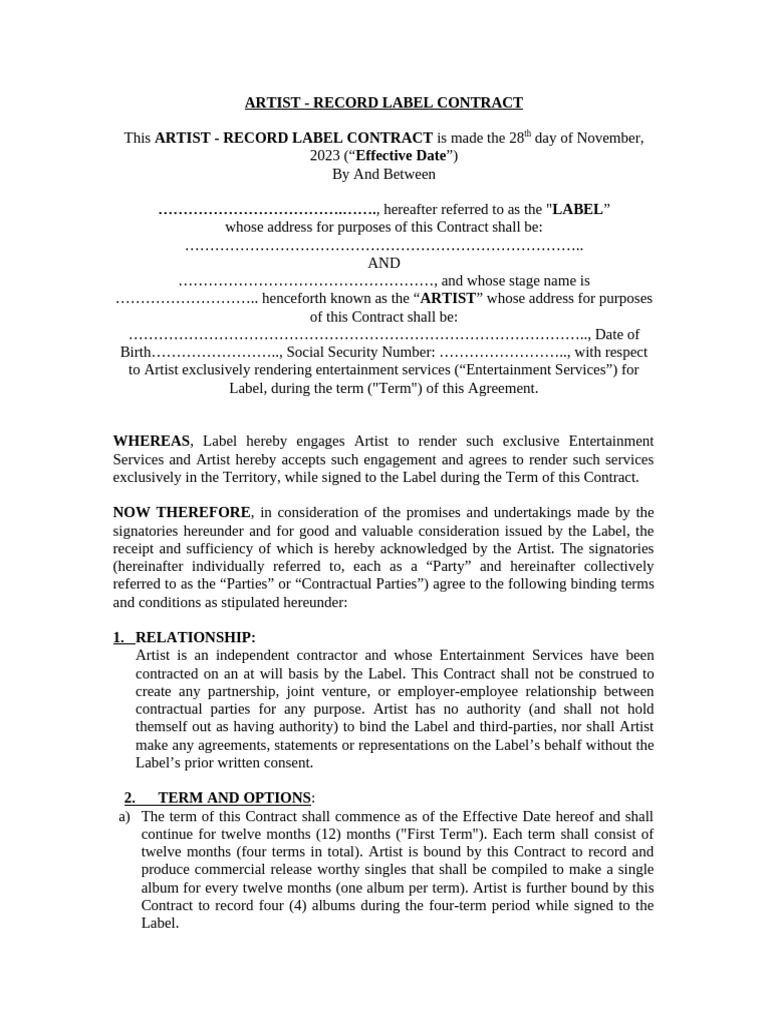 Artist - Label Contract Full | PDF