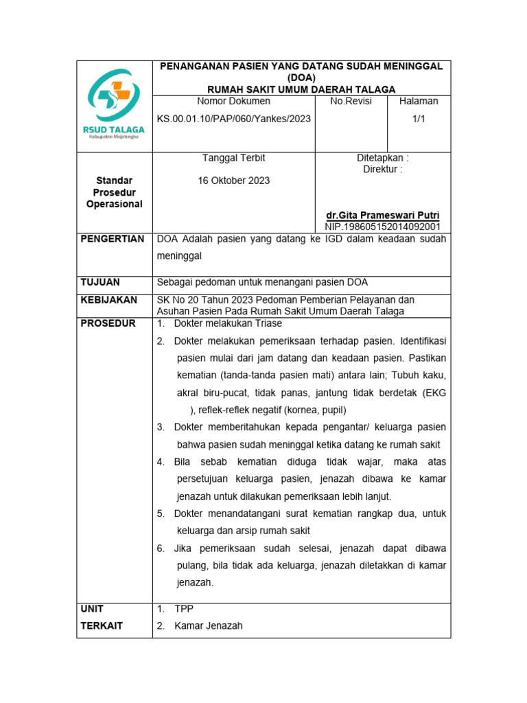 Spo Penanganan Pasien Yang Datang Sudah Meninggal (Doa) | PDF