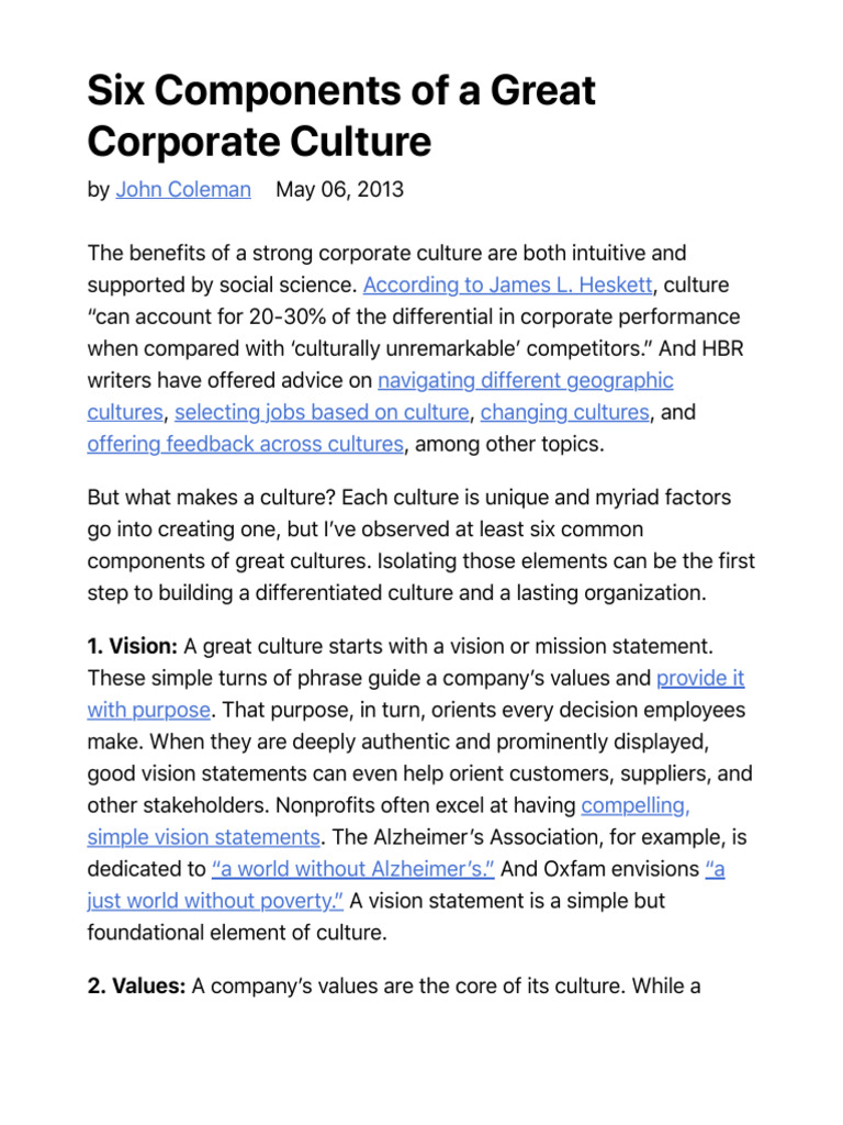 Six Components of A Great Corporate Culture | PDF