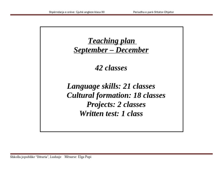 KLASA XII Shperndarja e Oreve Periudha 1 | PDF