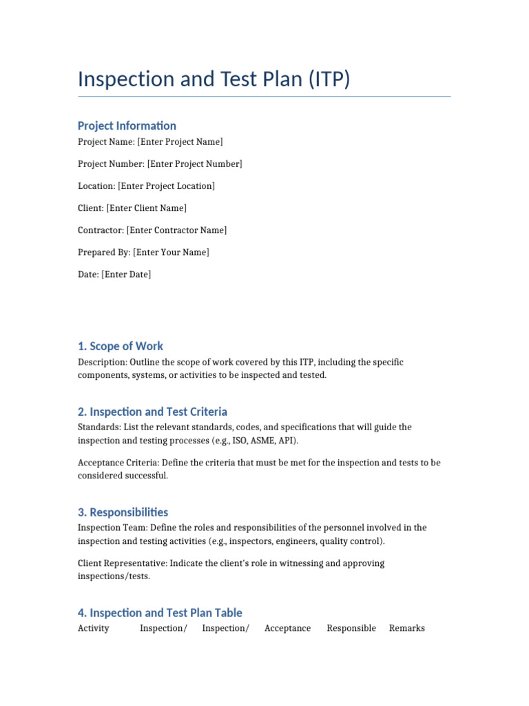 Inspection and Test Plan ITP | PDF