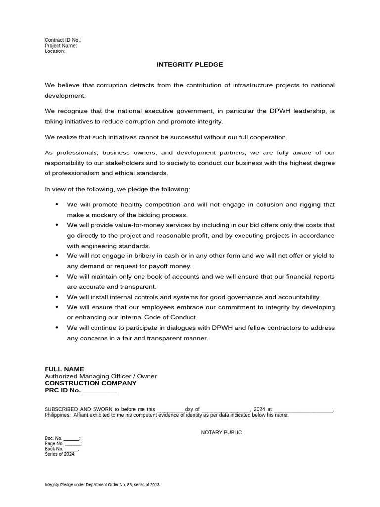 Sample Integrity Pledge DPWH | PDF