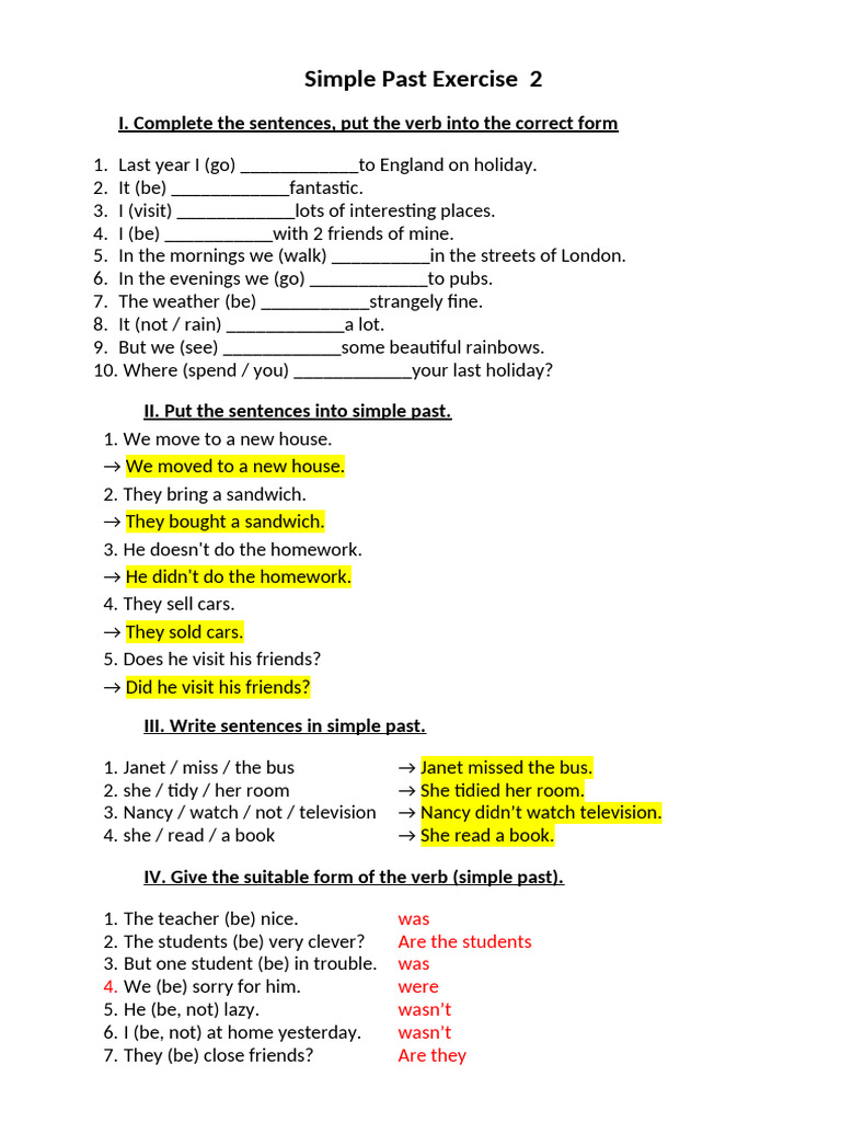 SIMPLE PAST TENSE- EXERCISE 2 | PDF