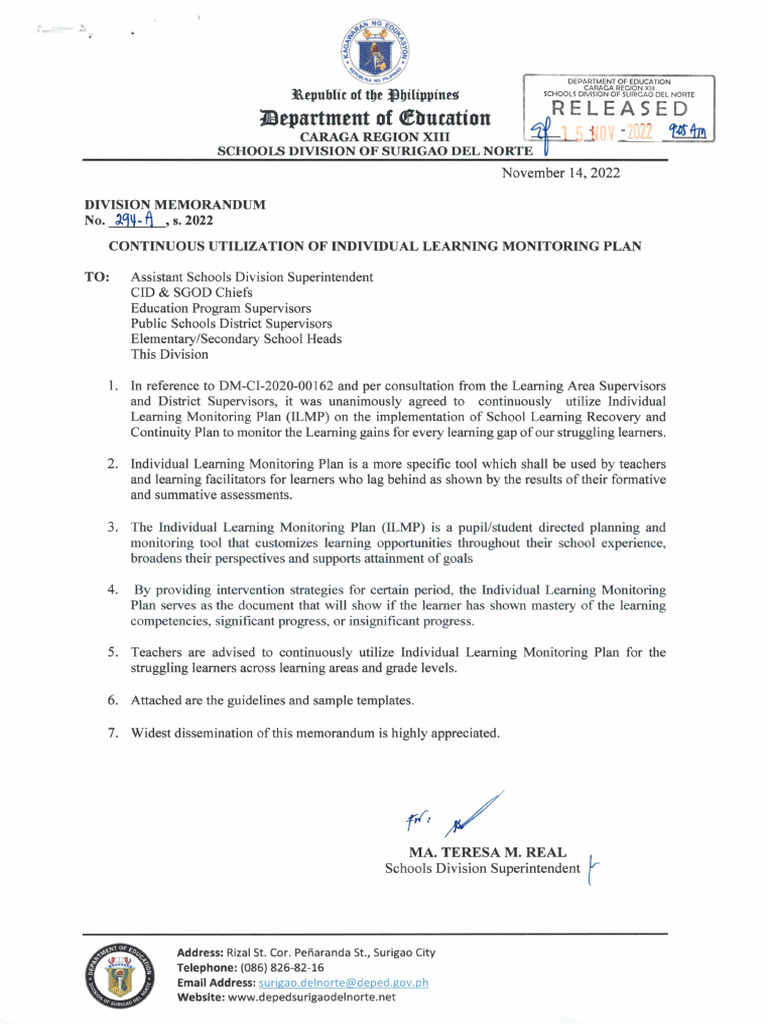 DM-No.-294-A-s.2022-INDIVIDUAL-MONITORING-PLAN (1) | PDF