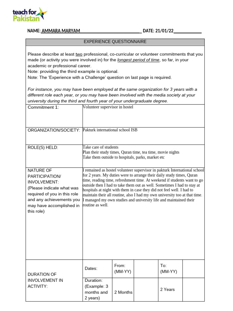 Experience Questionaire | PDF