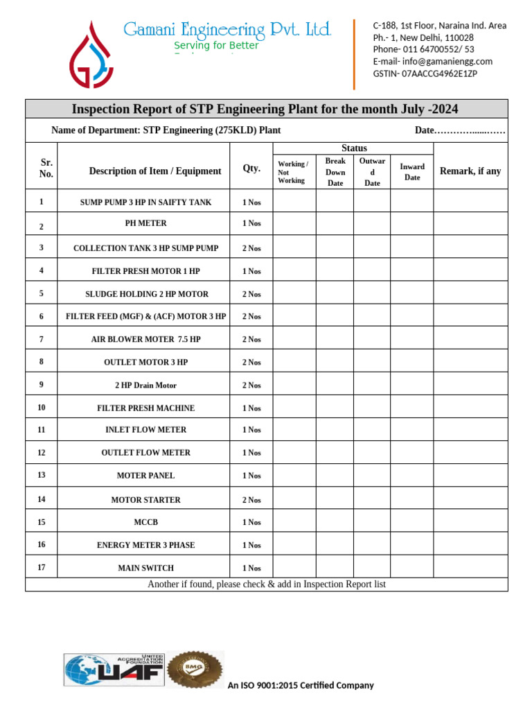 Gamani Inspection Report of Enggi Plant For July 2024 | PDF