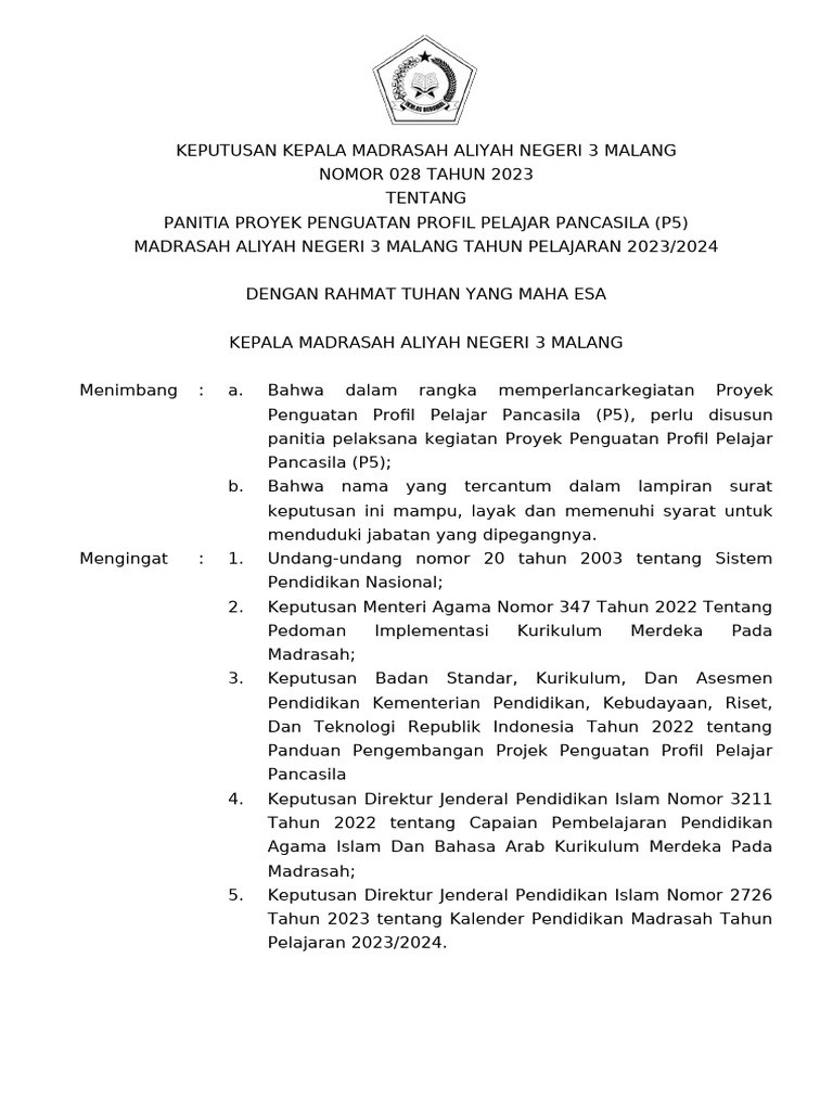 Lampiran 4. SK Panitia P5 Tapel. 2023-2024 | PDF