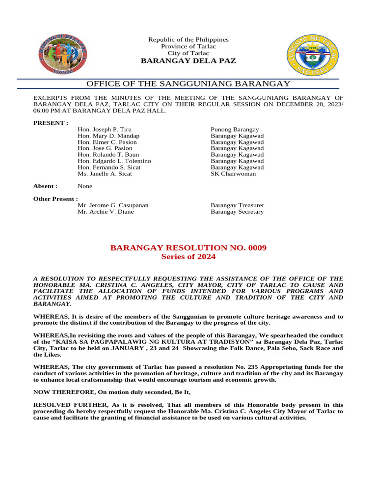 Barangay Resolution No. 0009 | PDF