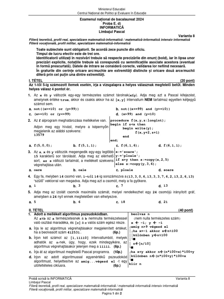 E D Informatica 2024 SP MI Pascal Var 08 LMA | PDF