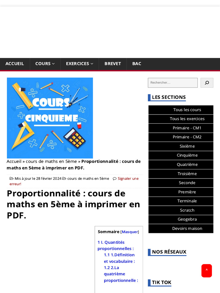 Proportionnalité Cours de Maths en 5ème À Télécharger en PDF. 1709281124239 | PDF