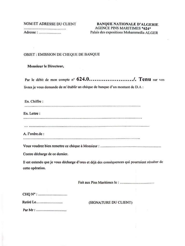 Demande Cheque de Banque Bna | PDF