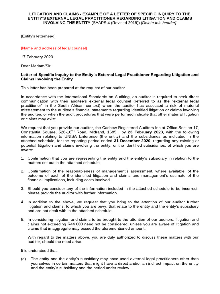 Litigations and Claims - Legal Counsel Representation Letter | PDF