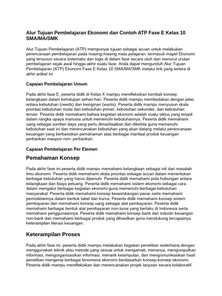 Alur Tujuan Pembelajaran Ekonomi Dan Contoh ATP Fase E Kelas 10 Sma/Ma ...