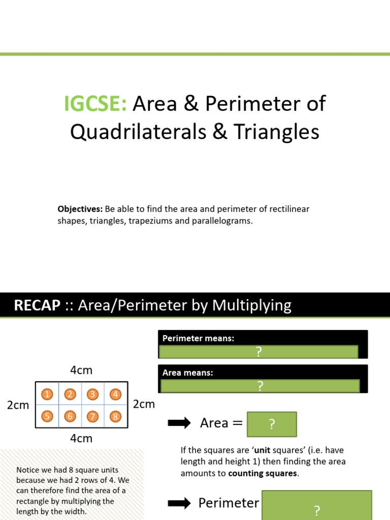 1 Area and Perimeter of Quadrilaterals and Triangles Final | PDF