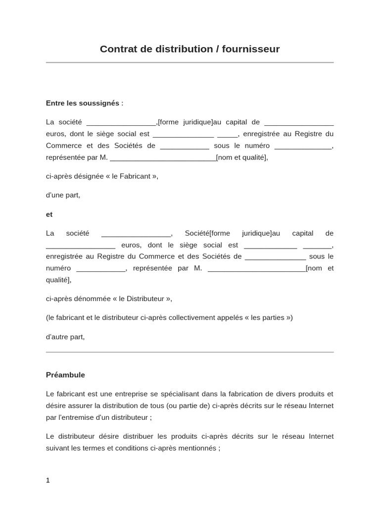 Modèle Gratuit de Contrat Fournisseur - de Distribution | PDF