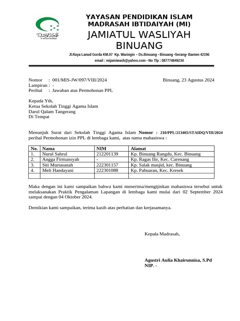 Surat Penerimaan PPL | PDF