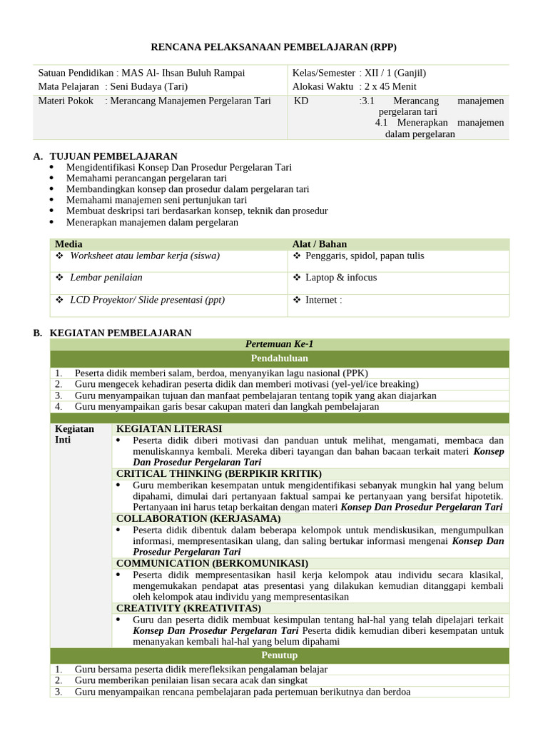 RPP I SBK (Tari) Kelas 12 SEM 1 Dan 2 | PDF