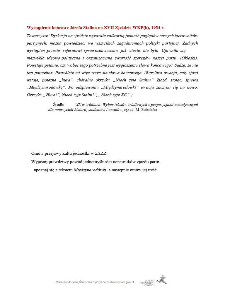 Rozdzial 36 Praca Z Tekstem Wystapienie Jozefa Stalina KL 3 PDF | PDF