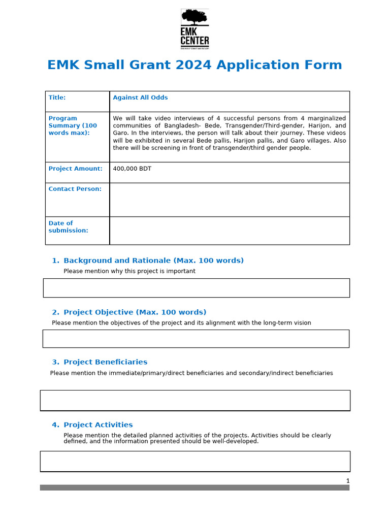 EMK Small Grant - 2024 APPLICATION FORM | PDF